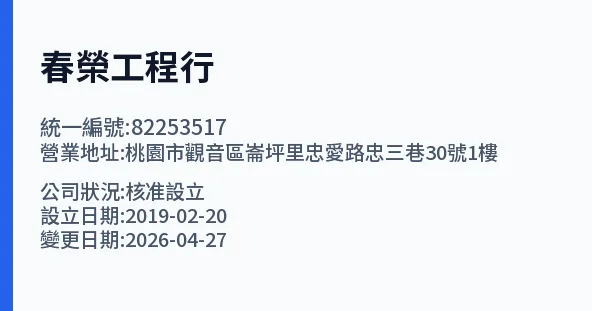 春榮工程行的照片-統編 82253517(桃園市) 公司登記資料與營業項目詳細圖表