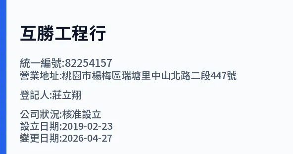 互勝工程行的照片-統編 82254157(桃園市) 公司登記資料與營業項目詳細圖表