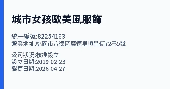 城市女孩歐美風服飾的照片-統編 82254163(桃園市) 公司登記資料與營業項目詳細圖表
