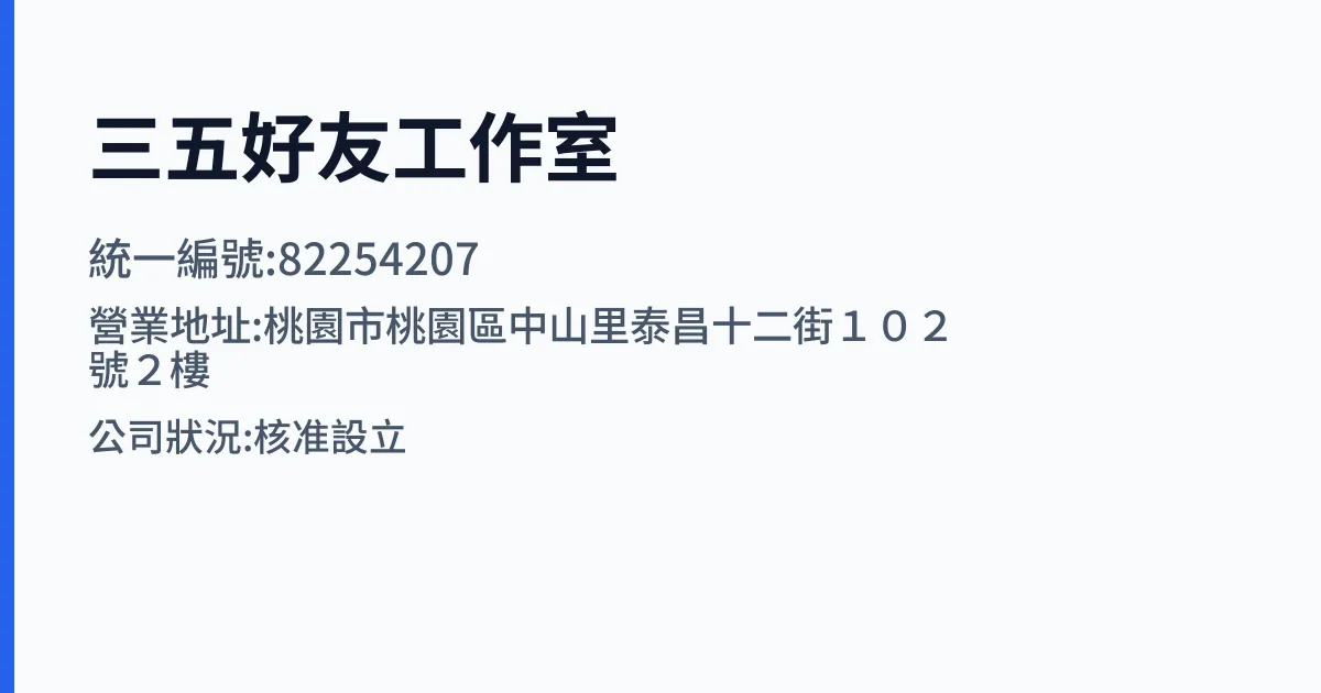 三五好友工作室 - 統編 82254207(桃園市) 公司登記資料與營業項目詳細圖表