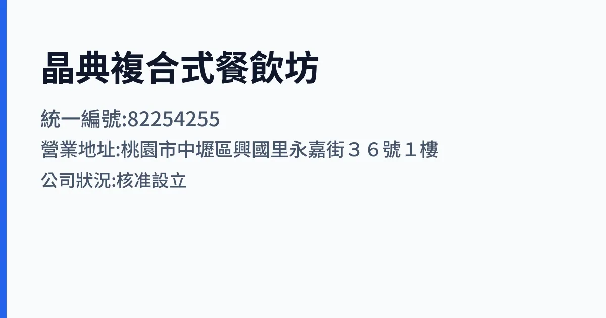 晶典複合式餐飲坊 - 統編 82254255(桃園市) 公司登記資料與營業項目詳細圖表