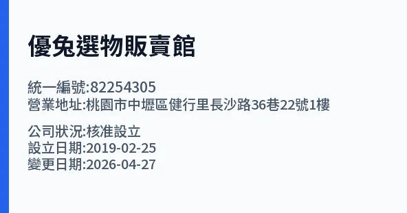 優兔選物販賣館的照片-統編 82254305(桃園市) 公司登記資料與營業項目詳細圖表