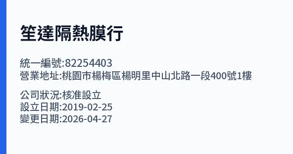 笙達隔熱膜行的照片-統編 82254403(桃園市) 公司登記資料與營業項目詳細圖表
