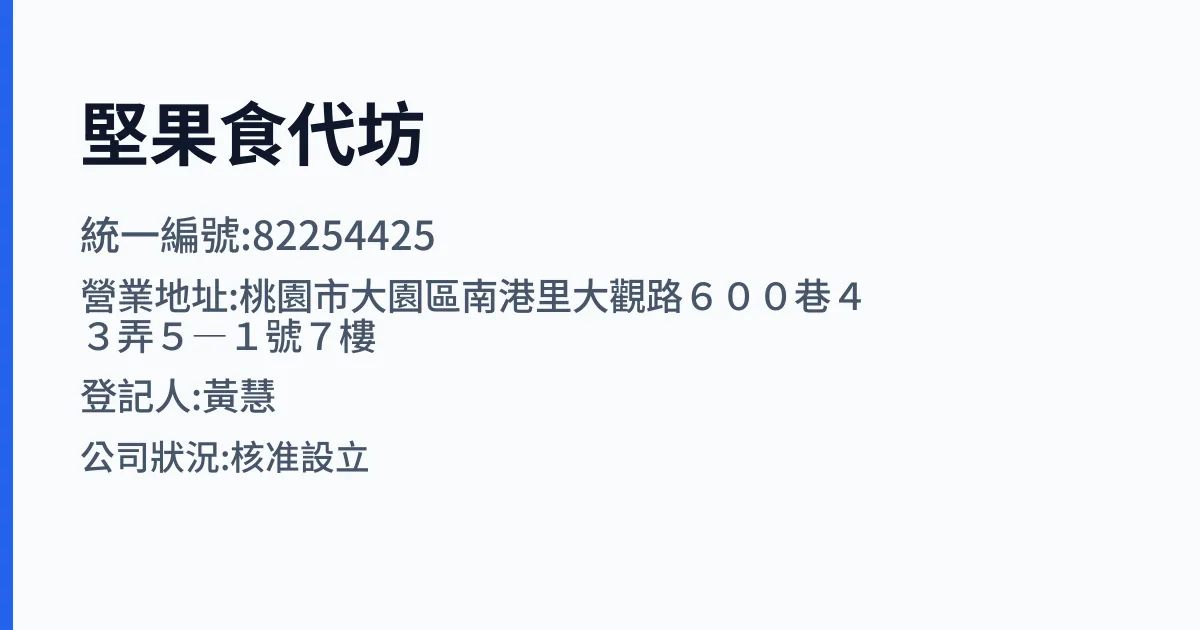 堅果食代坊 - 統編 82254425(桃園市) 公司登記資料與營業項目詳細圖表