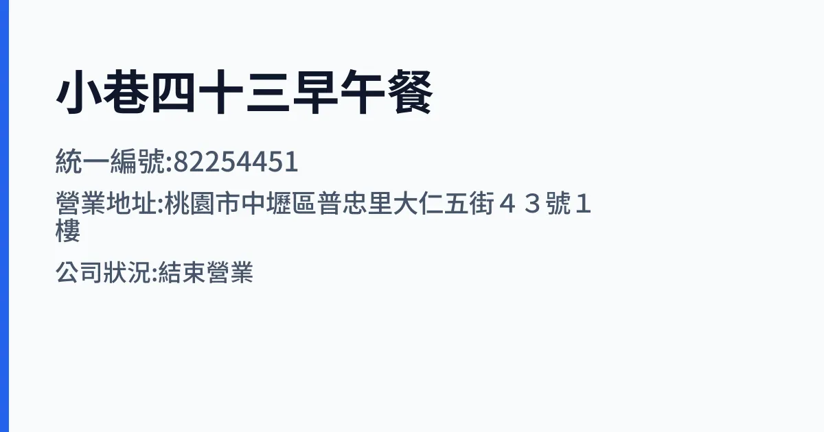 小巷四十三早午餐 - 統編 82254451(桃園市) 公司登記資料與營業項目詳細圖表
