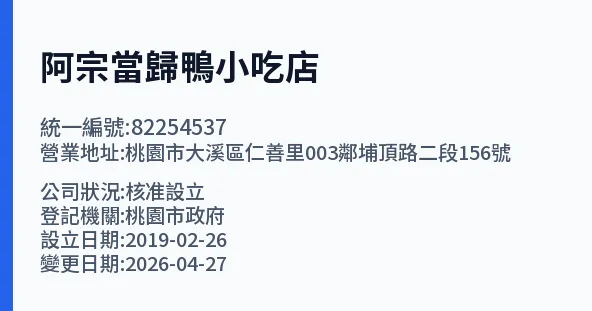阿宗當歸鴨小吃店的照片-統編 82254537(桃園市) 公司登記資料與營業項目詳細圖表