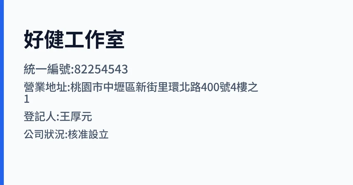 好健工作室 - 統編 82254543(桃園市) 公司登記資料與營業項目詳細圖表