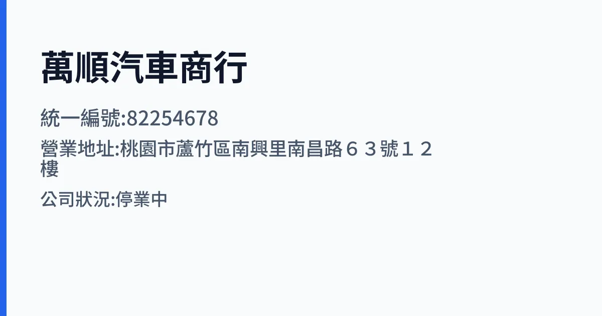 萬順汽車商行 - 統編 82254678(桃園市) 公司登記資料與營業項目詳細圖表