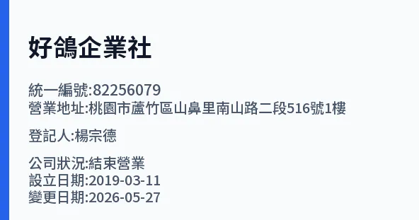 好鴿企業社的照片-統編 82256079(桃園市) 公司登記資料與營業項目詳細圖表