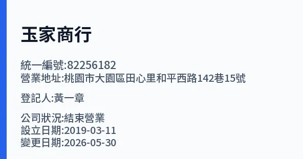 玉家商行的照片-統編 82256182(桃園市) 公司登記資料與營業項目詳細圖表