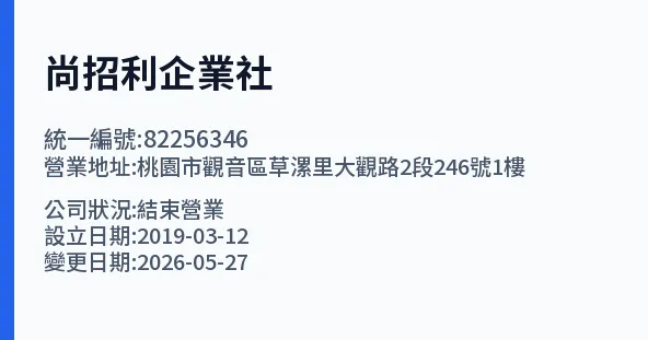 尚招利企業社的照片-統編 82256346(桃園市) 公司登記資料與營業項目詳細圖表