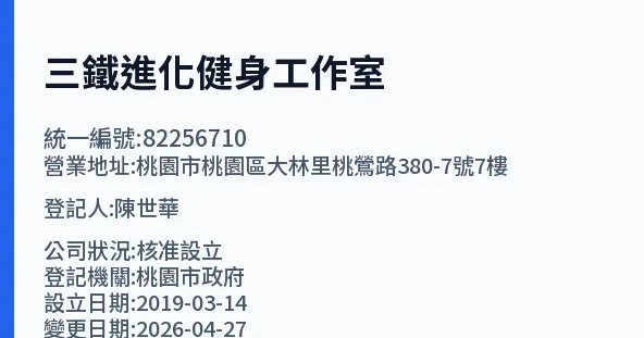 三鐵進化健身工作室的照片-統編 82256710(桃園市) 公司登記資料與營業項目詳細圖表