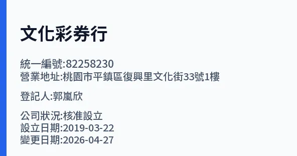 文化彩券行的照片-統編 82258230(桃園市) 公司登記資料與營業項目詳細圖表