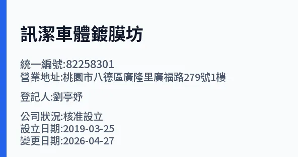 訊潔車體鍍膜坊的照片-統編 82258301(桃園市) 公司登記資料與營業項目詳細圖表