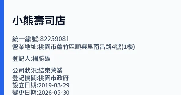 小熊壽司店的照片-統編 82259081(桃園市) 公司登記資料與營業項目詳細圖表