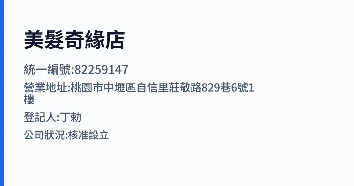 美髮奇緣店 - 統編 82259147(桃園市) 公司登記資料與營業項目詳細圖表