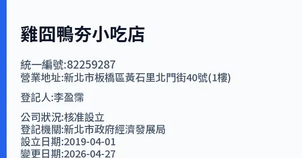 雞囧鴨夯小吃店的照片-統編 82259287(新北市) 公司登記資料與營業項目詳細圖表