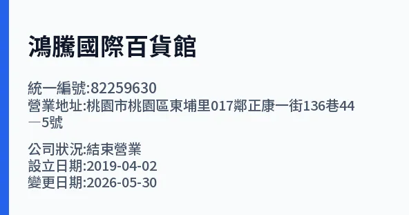 鴻騰國際百貨館的照片-統編 82259630(桃園市) 公司登記資料與營業項目詳細圖表