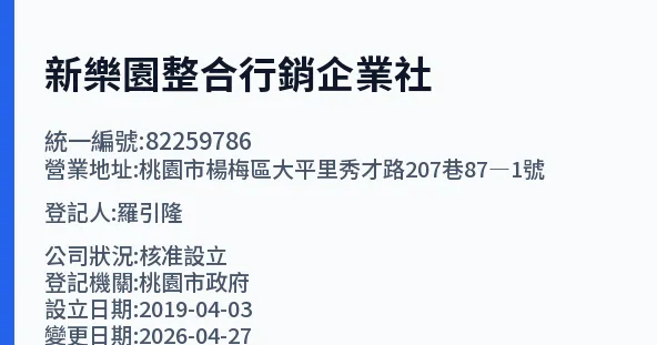 新樂園整合行銷企業社的照片-統編 82259786(桃園市) 公司登記資料與營業項目詳細圖表