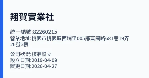 翔賀實業社的照片-統編 82260215(桃園市) 公司登記資料與營業項目詳細圖表