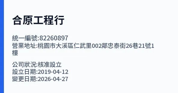 合原工程行的照片-統編 82260897(桃園市) 公司登記資料與營業項目詳細圖表
