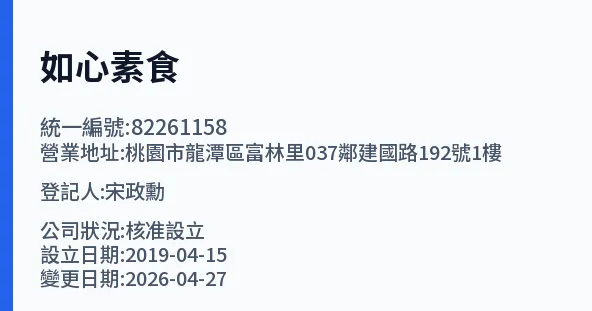 如心素食的照片-統編 82261158(桃園市) 公司登記資料與營業項目詳細圖表