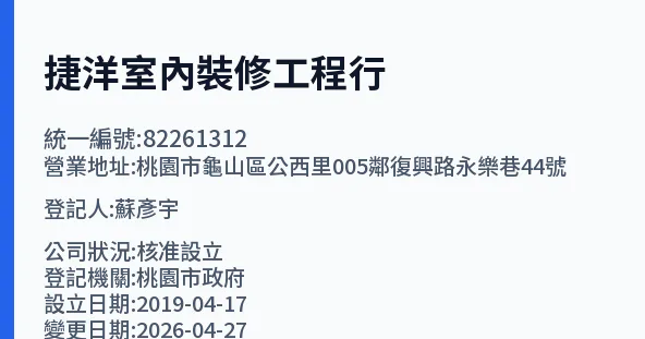 捷洋室內裝修工程行的照片-統編 82261312(桃園市) 公司登記資料與營業項目詳細圖表