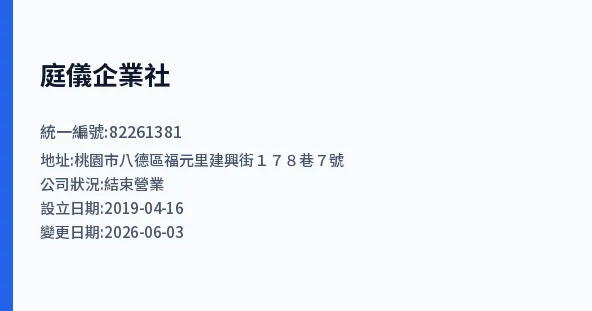 庭儀企業社的照片-統編 82261381(桃園市) 公司登記資料與營業項目詳細圖表