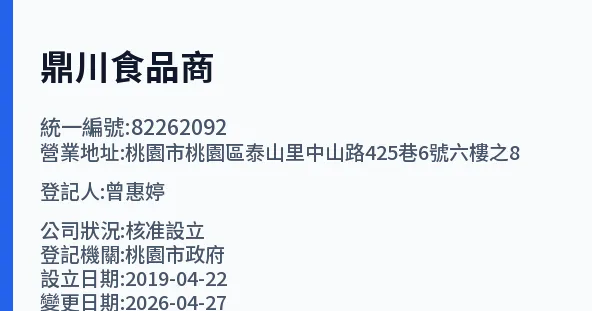 鼎川食品商的照片-統編 82262092(桃園市) 公司登記資料與營業項目詳細圖表