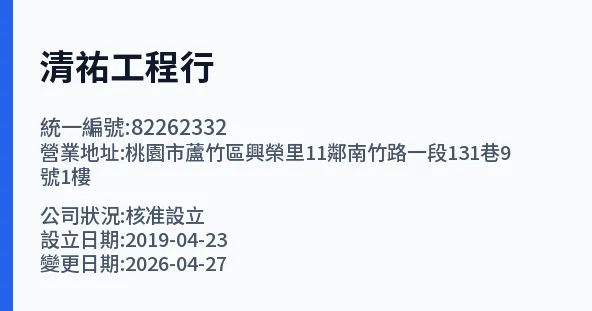 清祐工程行的照片-統編 82262332(桃園市) 公司登記資料與營業項目詳細圖表