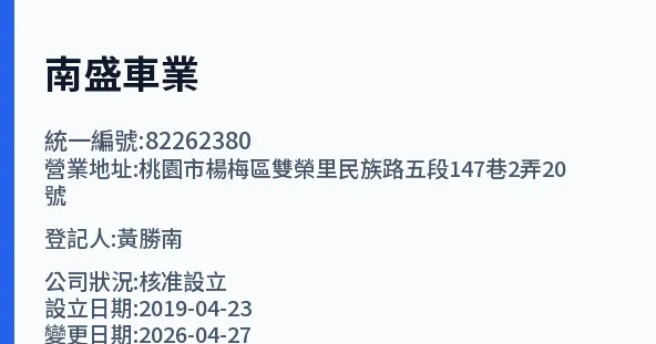 南盛車業的照片-統編 82262380(桃園市) 公司登記資料與營業項目詳細圖表
