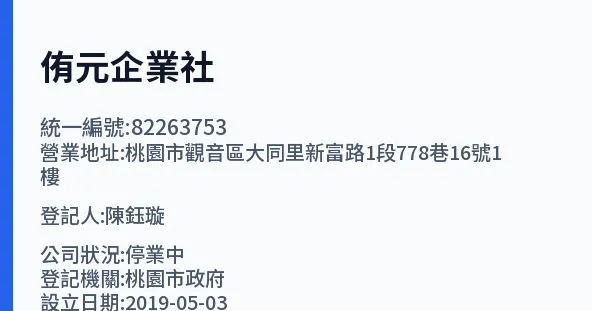 侑元企業社的照片-統編 82263753(桃園市) 公司登記資料與營業項目詳細圖表