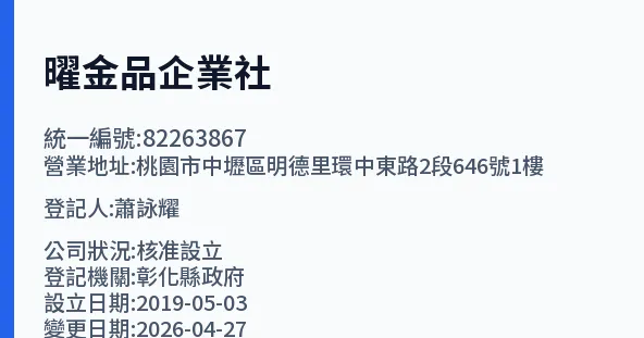 曜金品企業社的照片-統編 82263867(桃園市) 公司登記資料與營業項目詳細圖表