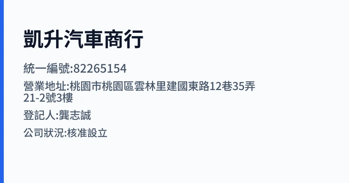 凱升汽車商行 - 統編 82265154(桃園市) 公司登記資料與營業項目詳細圖表