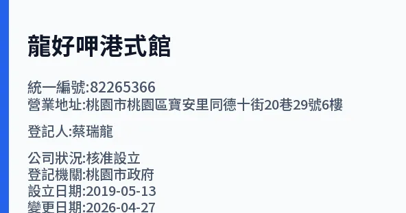 龍好呷港式館的照片-統編 82265366(桃園市) 公司登記資料與營業項目詳細圖表