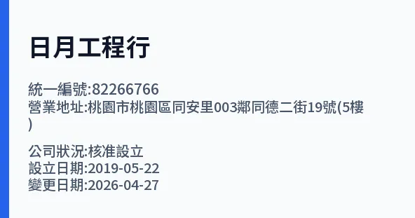 日月工程行的照片-統編 82266766(桃園市) 公司登記資料與營業項目詳細圖表