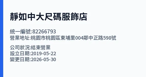 靜如中大尺碼服飾店的照片-統編 82266793(桃園市) 公司登記資料與營業項目詳細圖表