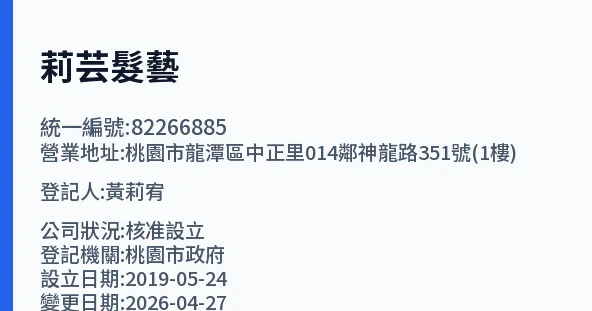 莉芸髮藝的照片-統編 82266885(桃園市) 公司登記資料與營業項目詳細圖表