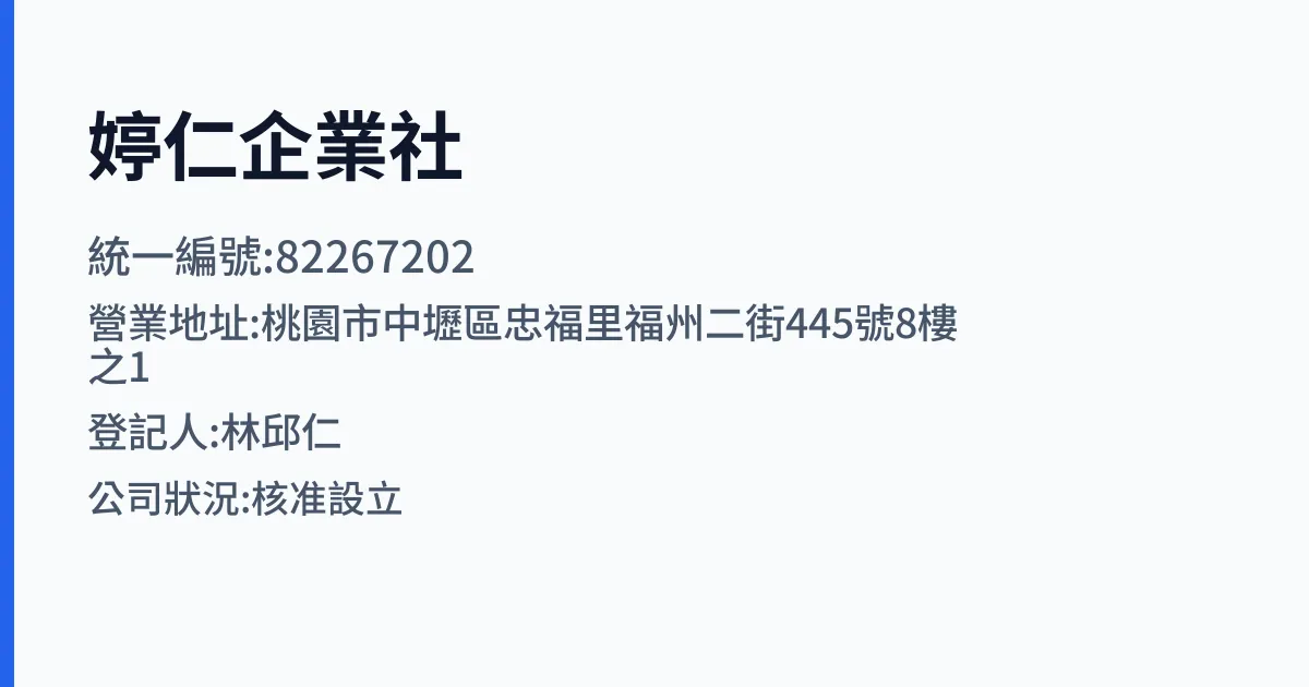 婷仁企業社 - 統編 82267202(桃園市) 公司登記資料與營業項目詳細圖表