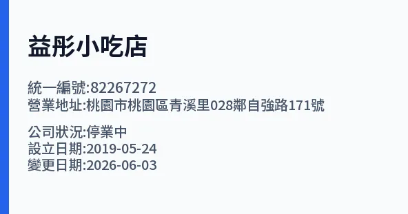 益彤小吃店的照片-統編 82267272(桃園市) 公司登記資料與營業項目詳細圖表