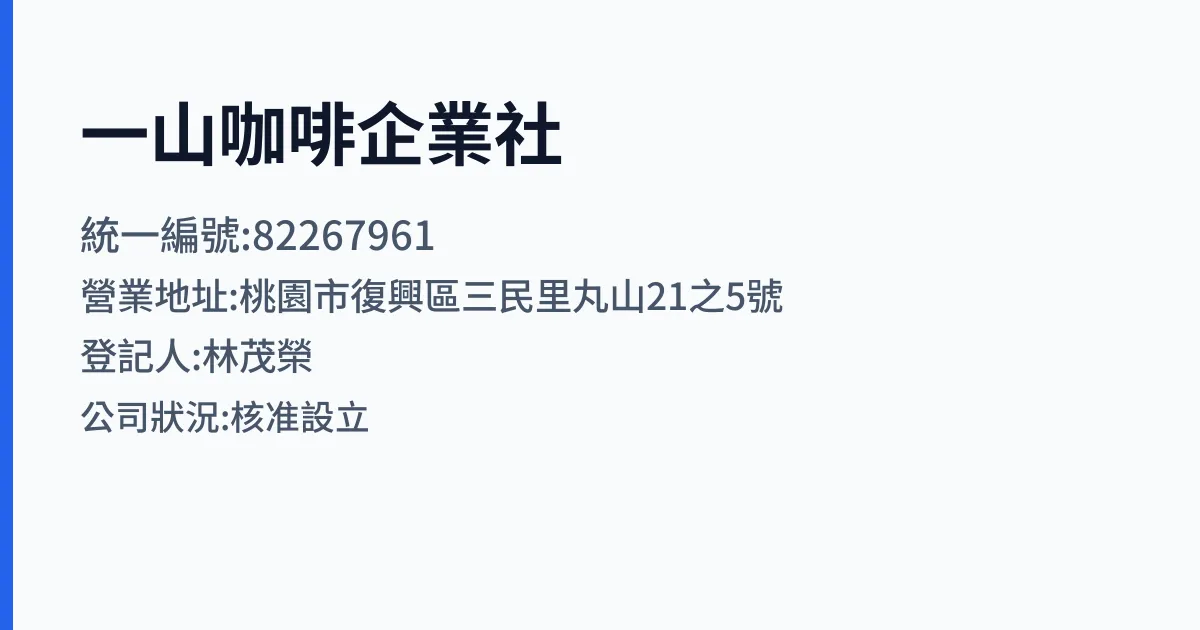 一山咖啡企業社 - 統編 82267961(桃園市) 公司登記資料與營業項目詳細圖表