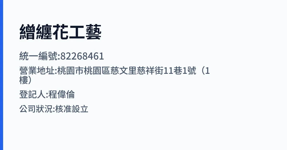 繒纏花工藝 - 統編 82268461(桃園市) 公司登記資料與營業項目詳細圖表