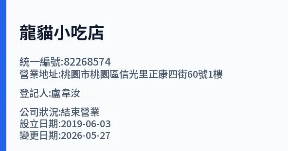 龍貓小吃店的照片-統編 82268574(桃園市) 公司登記資料與營業項目詳細圖表