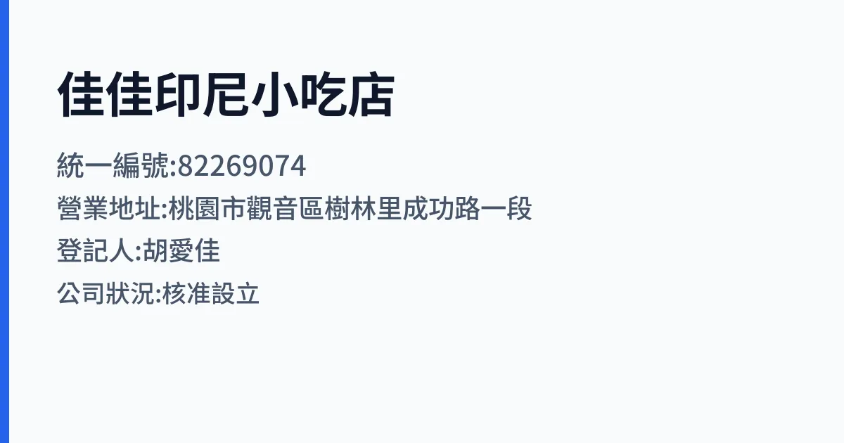佳佳印尼小吃店 - 統編 82269074(桃園市) 公司登記資料與營業項目詳細圖表