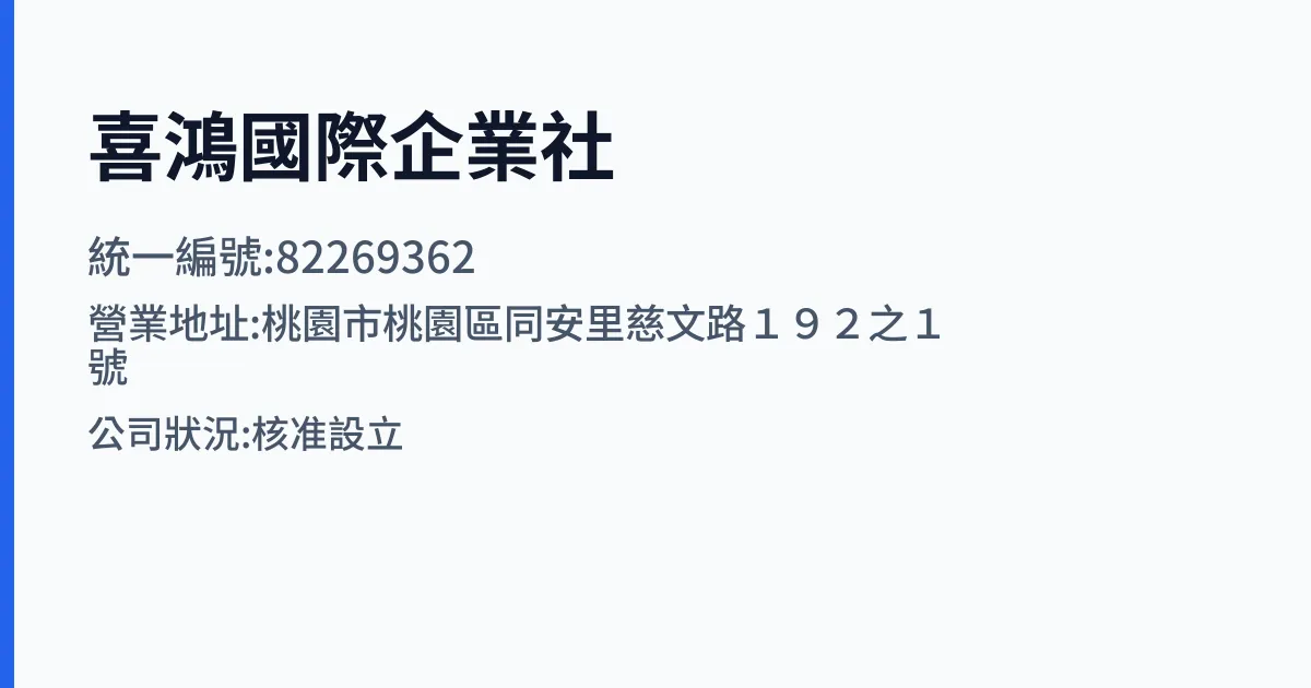 喜鴻國際企業社 - 統編 82269362(桃園市) 公司登記資料與營業項目詳細圖表