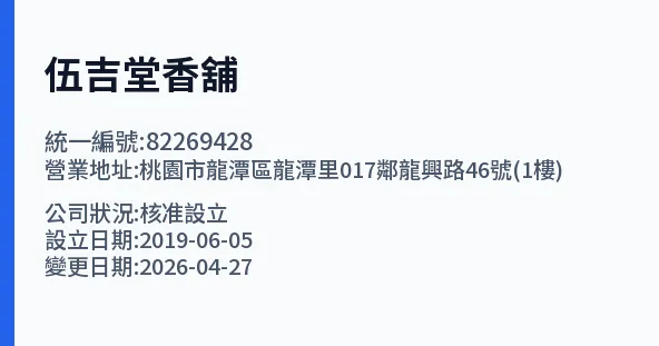 伍吉堂香舖的照片-統編 82269428(桃園市) 公司登記資料與營業項目詳細圖表