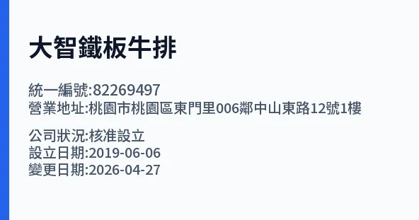 大智鐵板牛排的照片-統編 82269497(桃園市) 公司登記資料與營業項目詳細圖表