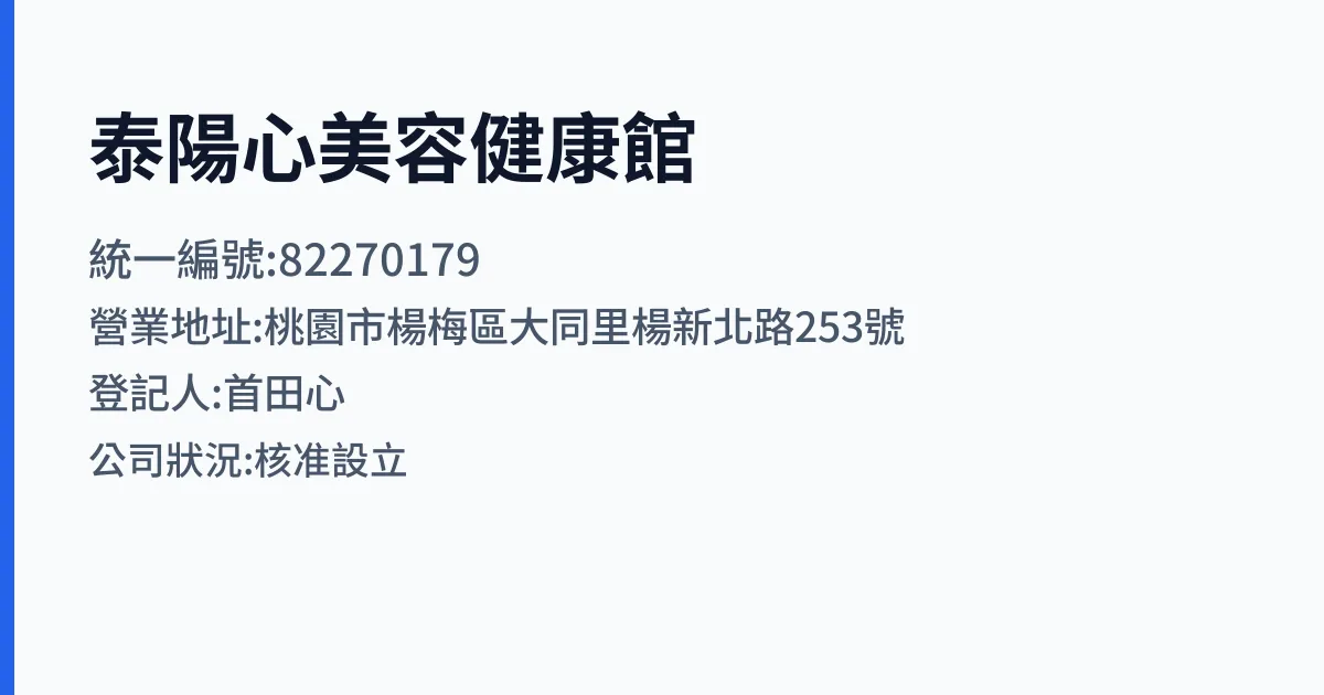 泰陽心美容健康館 - 統編 82270179(桃園市) 公司登記資料與營業項目詳細圖表