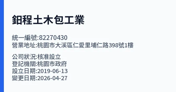 鈤程土木包工業的照片-統編 82270430(桃園市) 公司登記資料與營業項目詳細圖表