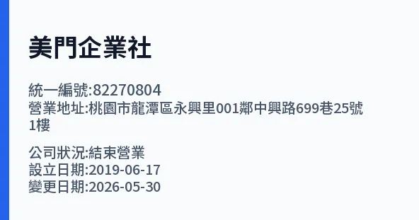 美門企業社的照片-統編 82270804(桃園市) 公司登記資料與營業項目詳細圖表